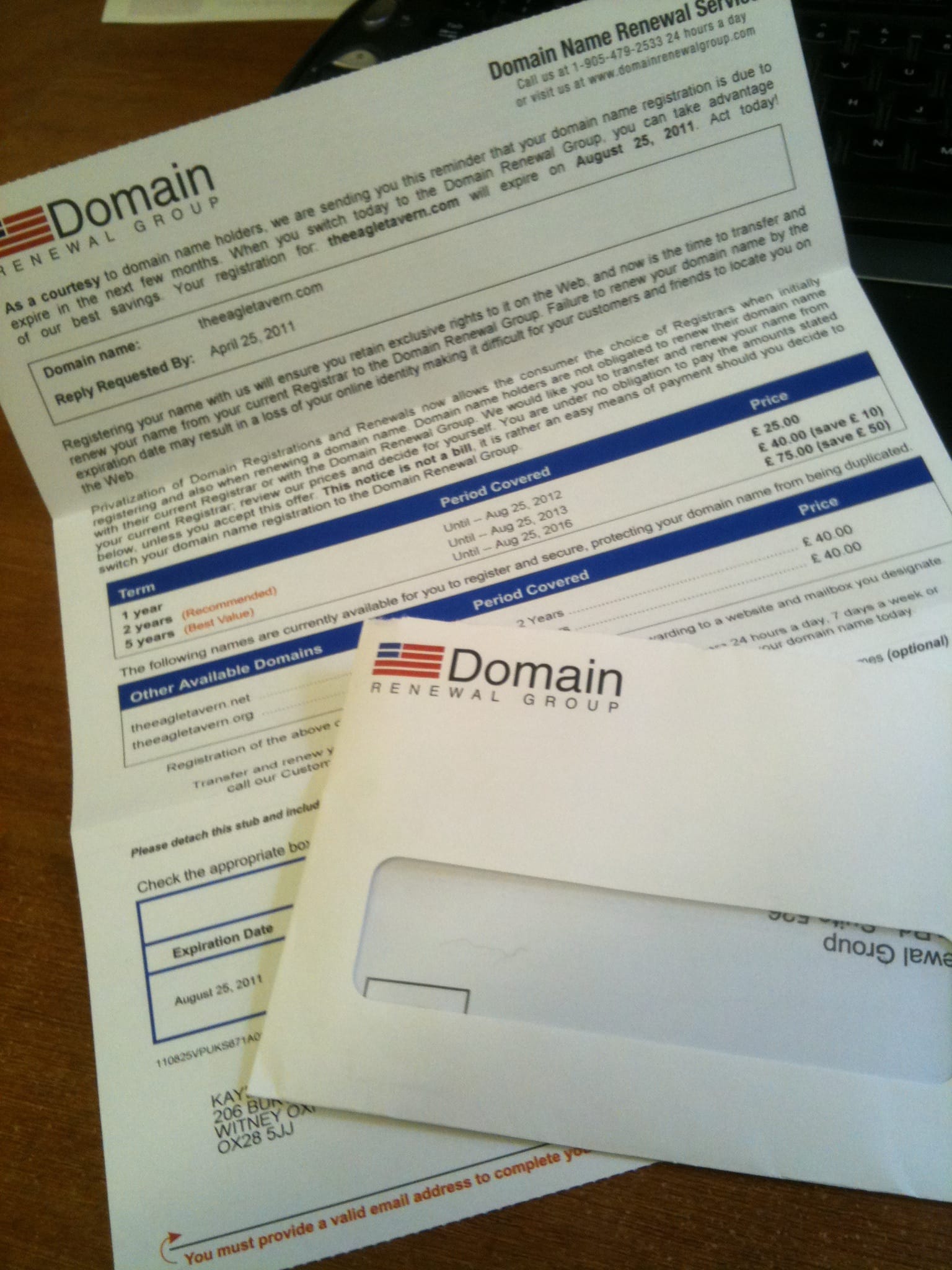Scam letters from 'Domain Name Renewal Service'